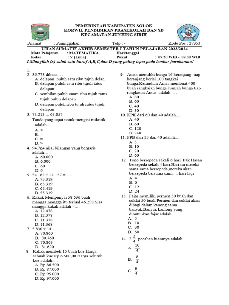Soal Sumatif MTK SMT I KLS V | PDF
