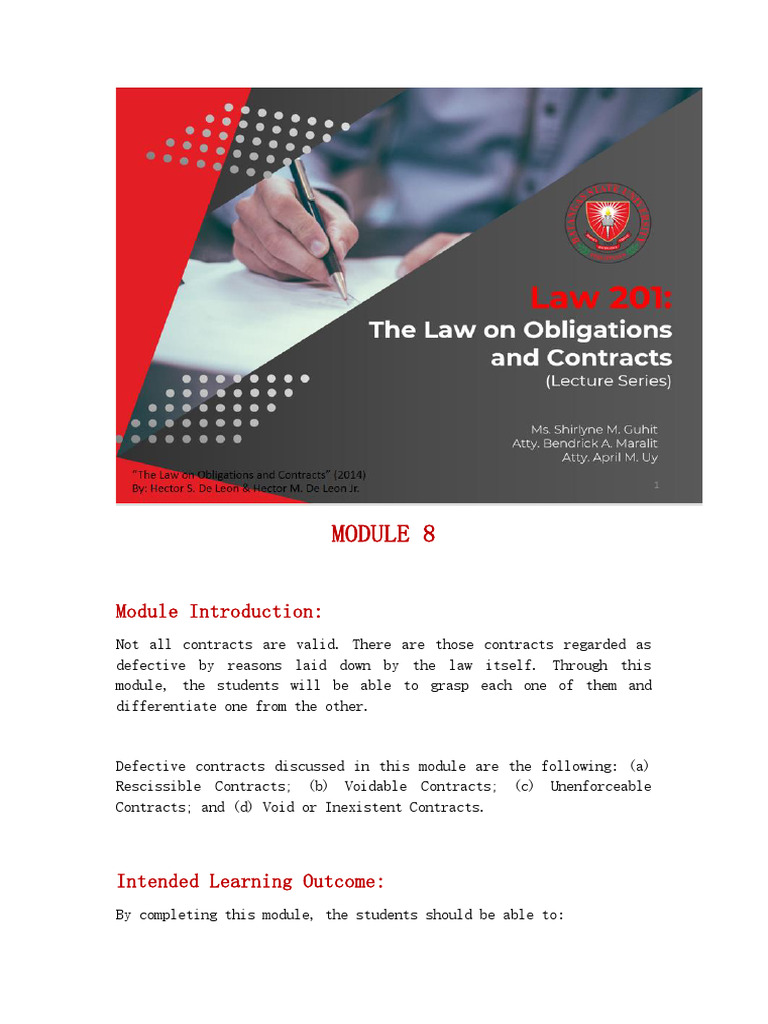 Module 8 - Defective Contracts | PDF | Annulment | Void (Law)