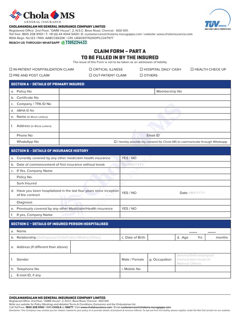 chola-ms-health-claim-form | PDF | Cheque | Hospital