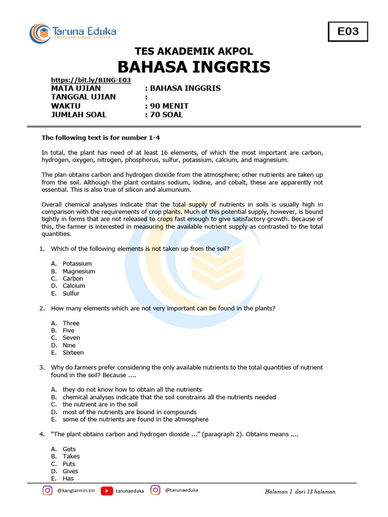 Bahasa Inggris Paket 3 E03 2022 SOAL | PDF | Plant Nutrition