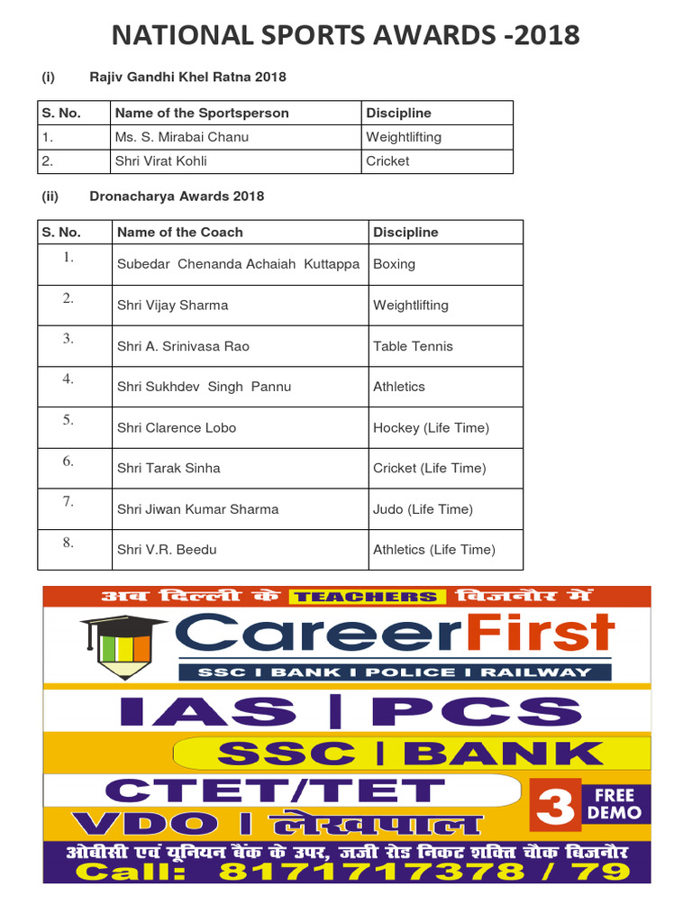 National Sports Awards 2018 Pdf Sports