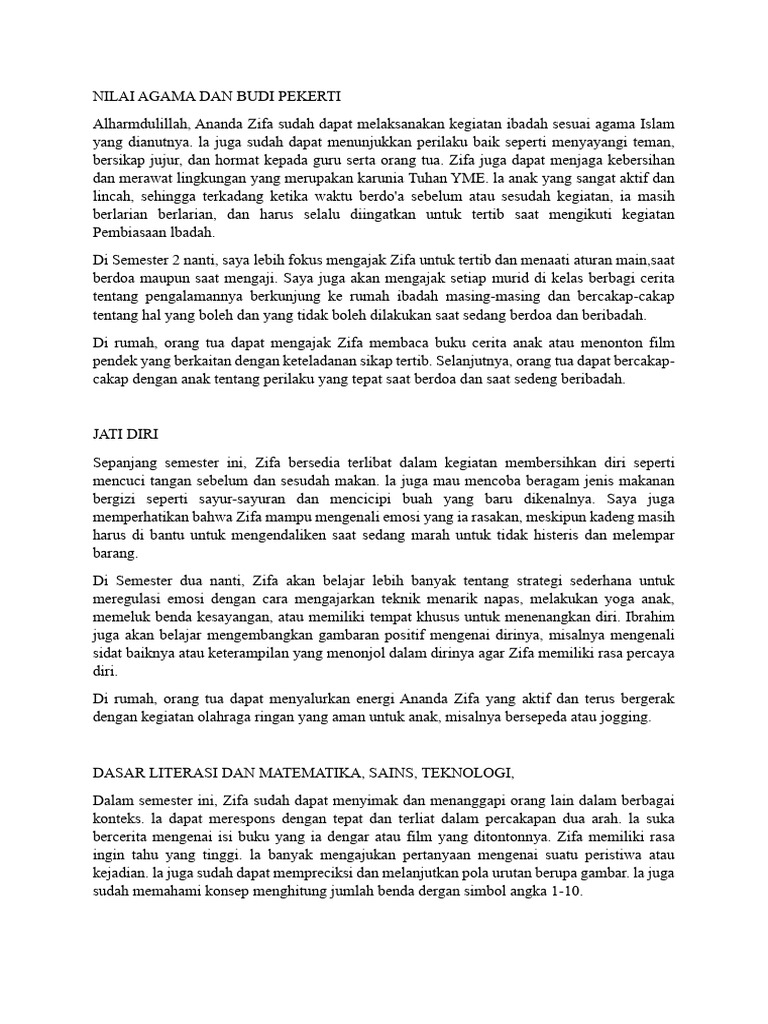 Narasi Raport TK Kurikulum Merdeka PDF | PDF | Pengembangan Diri ...