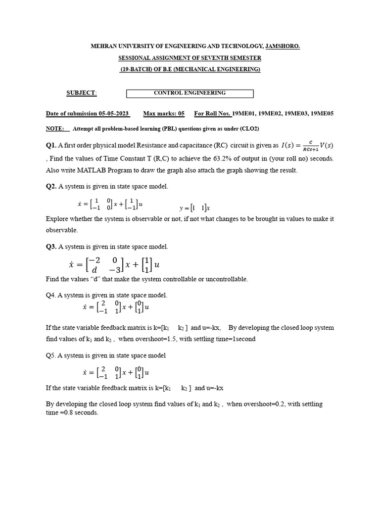 sessional assignment_final | Download Free PDF | Control Theory | Matlab