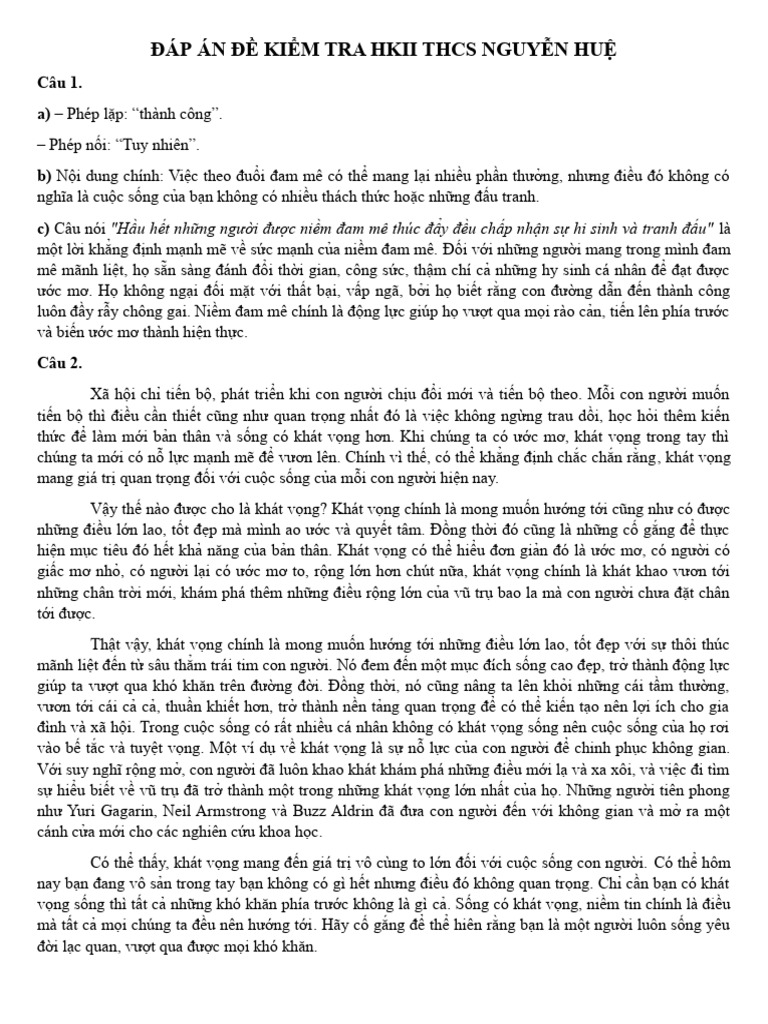 ĐÁP ÁN ĐỀ KIỂM TRA HKII THCS NGUYỄN HUỆ abc | PDF
