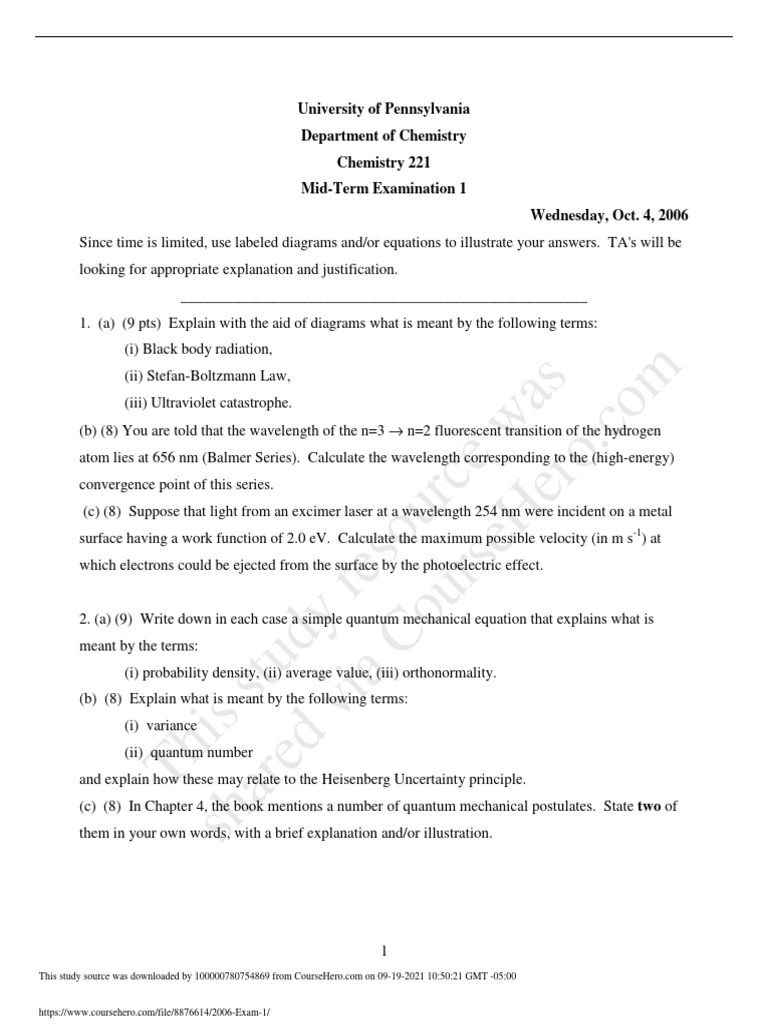CHEM 221 Exam 1 2006 Key | PDF | Uncertainty Principle | Quantum Mechanics