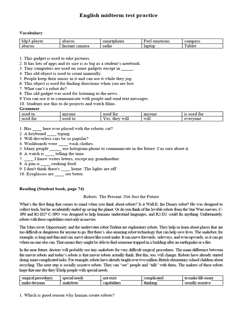 ENGLISH Mid Term Practice 2024 P5 | PDF | Robot | Robotics