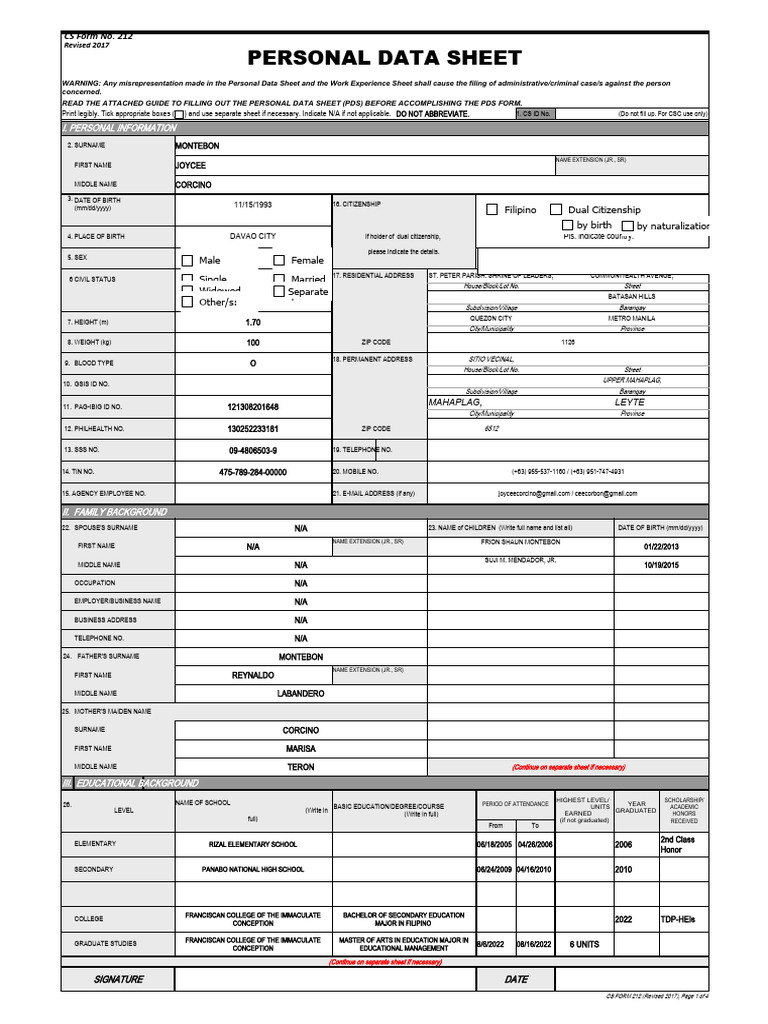 CS Form No. 212 Personal Data Sheet Revised 1 | Download Free PDF | Affidavit