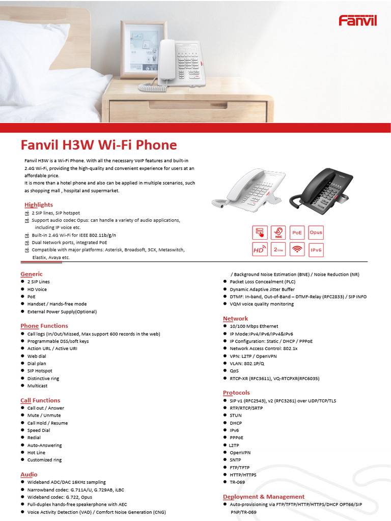 Téléphone FANVIL IP WIFI SIP H3W-Hotel 2 Comptes SIP White | PDF ...