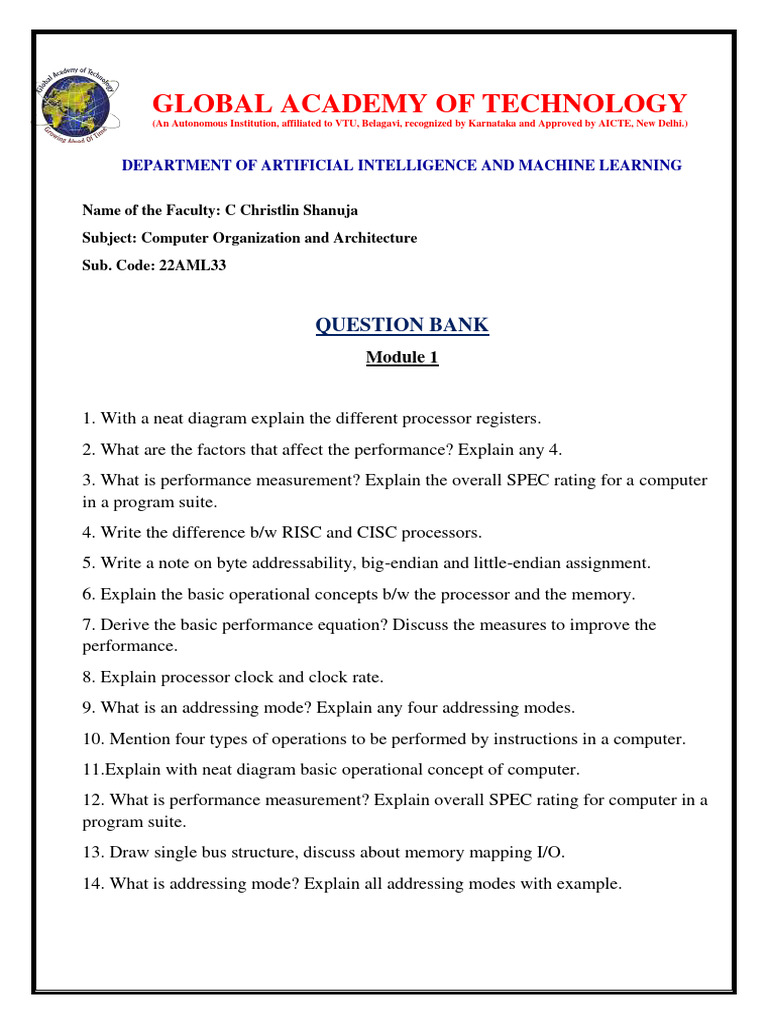 Global Academy of Technology: Question Bank | PDF | Computer Memory | Cpu Cache