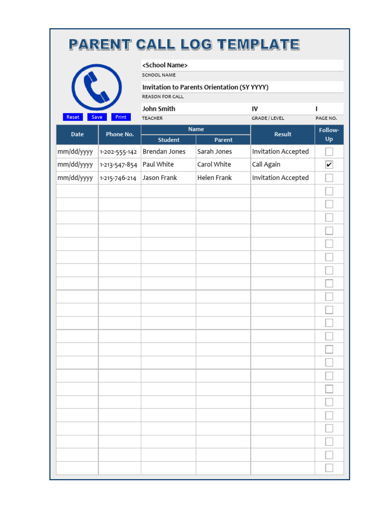 Parent Call Log Template TemplateLab | PDF
