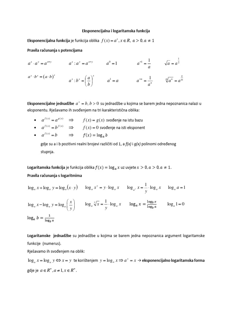 Podsjetnik - Eksponencijalna I Logaritamska Funkcija | PDF