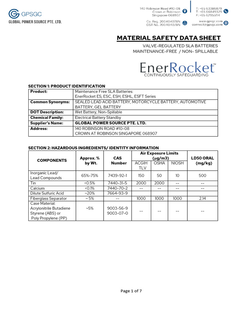 MSDS GPSGC EnerRocket | PDF | Dangerous Goods | Sulfuric Acid