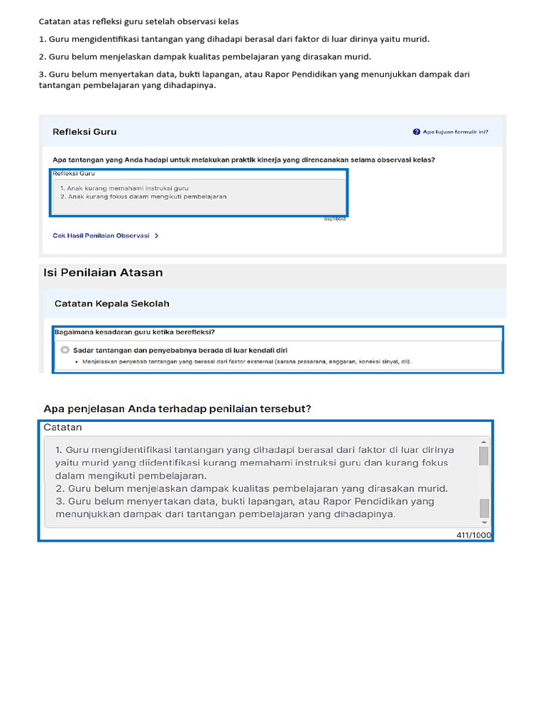 Catatan Atas Refleksi Guru Setelah Observasi Kelas | PDF