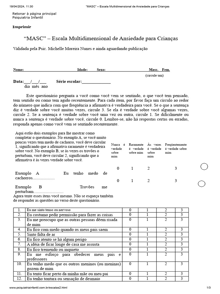 "MASC" - Escala Multidimensional de Ansiedade para Crianças | PDF