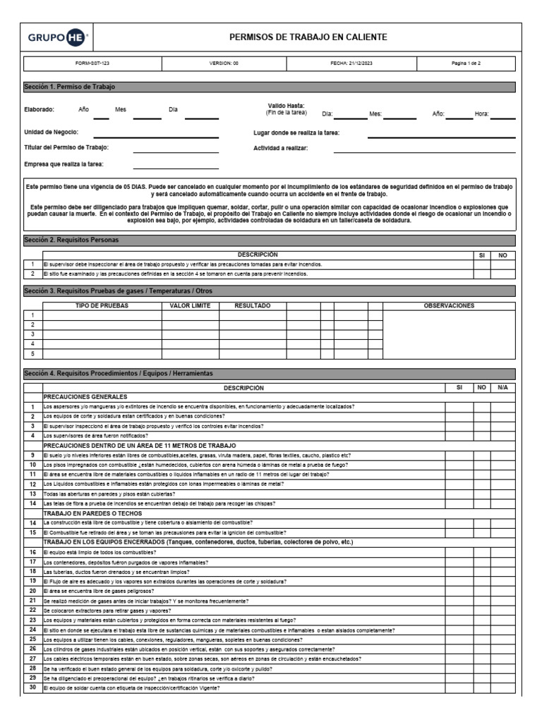 Form-Sst-123 Permiso de Trabajo en Caliente v00 | PDF | Soldadura ...