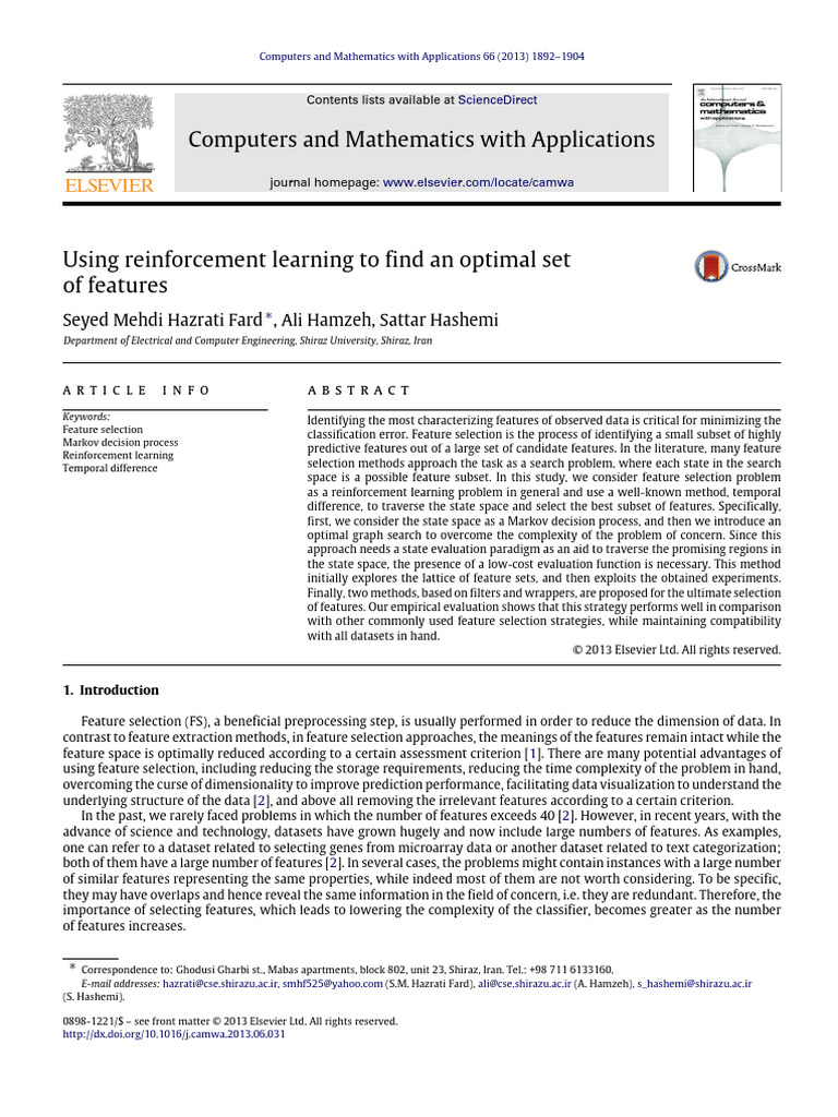 using rl to find an optimal set of features | PDF | Receiver Operating Characteristic | Applied ...