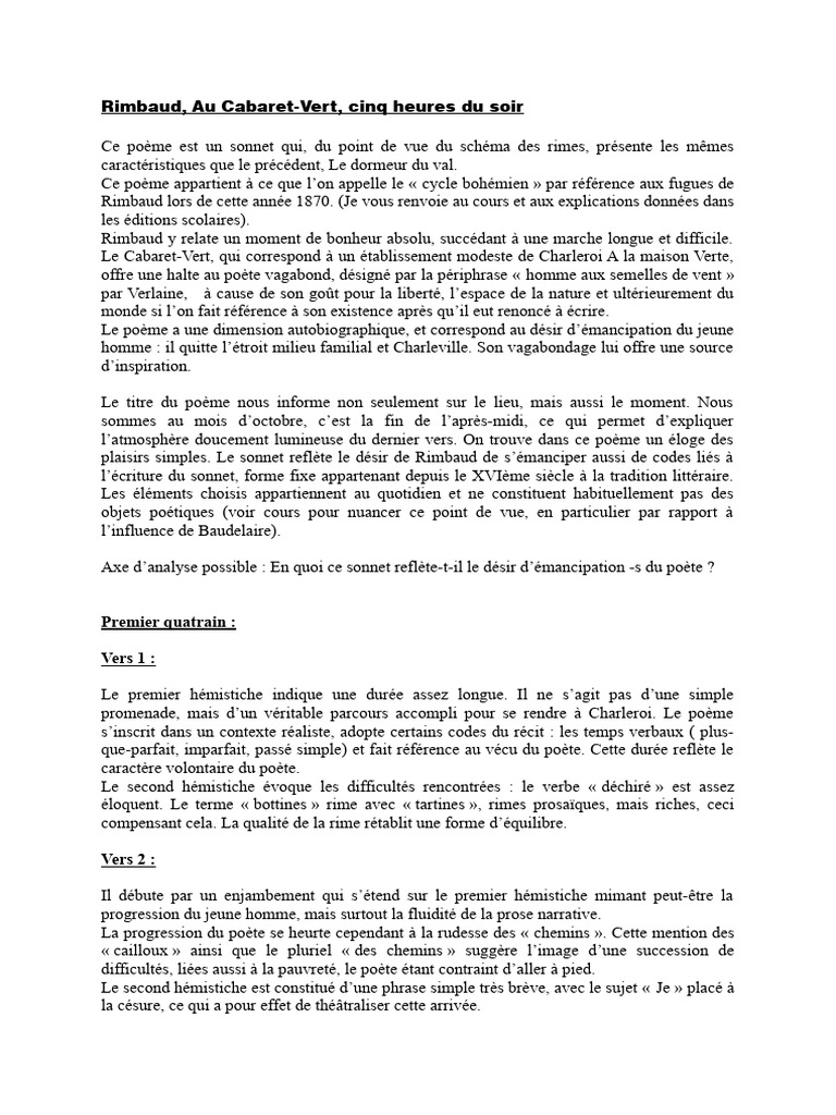 Rimbaud Au Cabaret Vert Explication Linéaire | PDF | Arthur Rimbaud ...