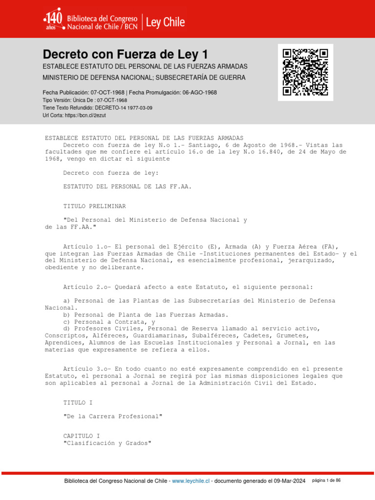 DFL 1 - 07 Oct 1968 | PDF | Oficial general | Capitán (Fuerzas Armadas)