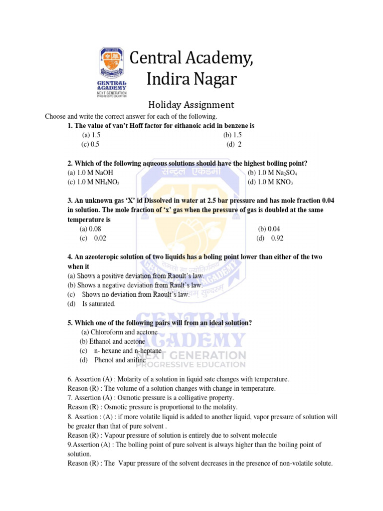 Holiday Assignment | PDF | Chemistry | Physical Chemistry