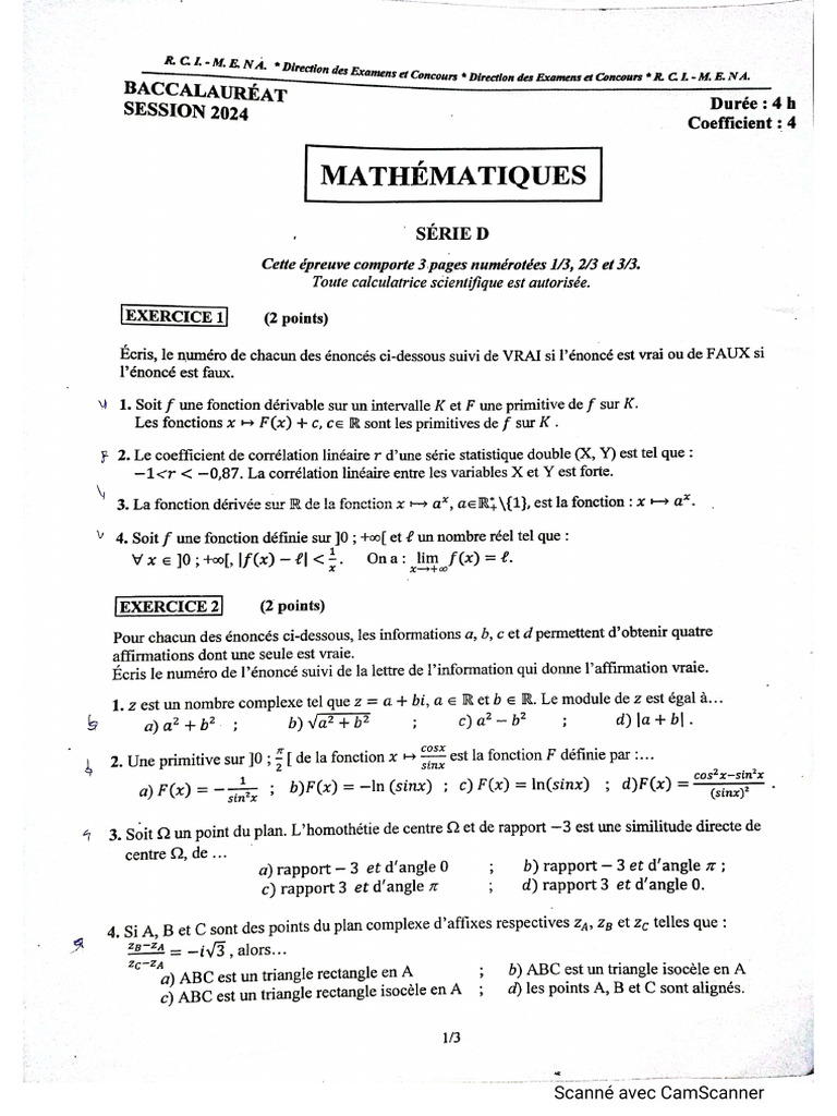proposition de correction du bac D 2024 | PDF
