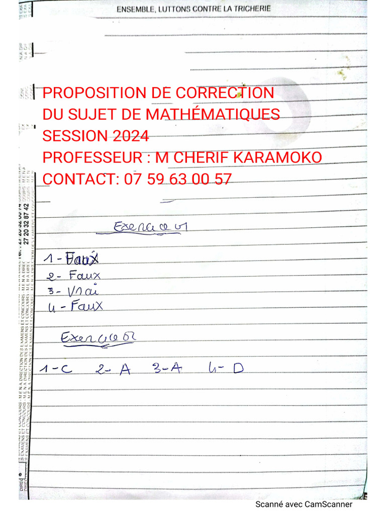 Proposition de Correction Du Bac C Maths 2024 | PDF