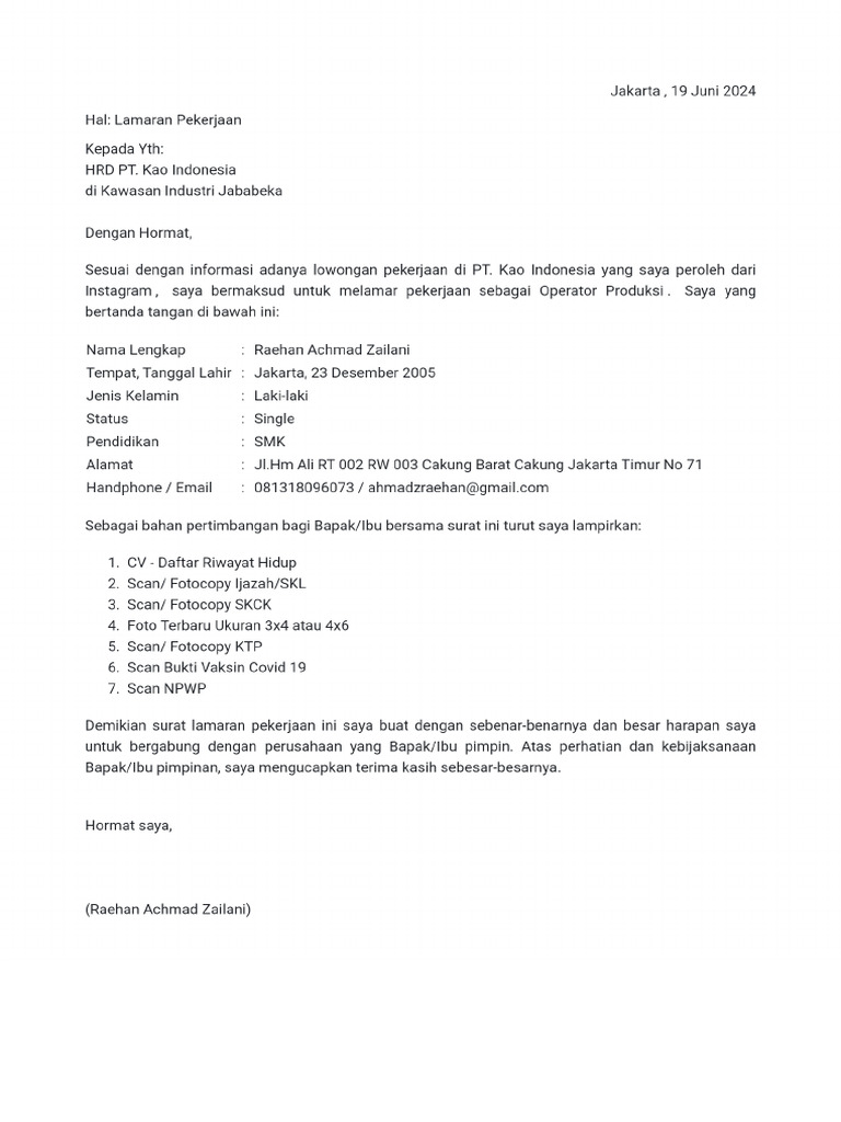 Berkas Lamaran PT Kao | PDF