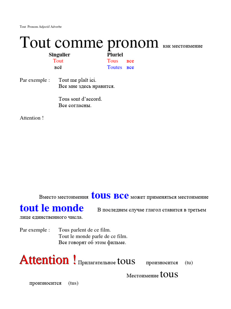 Pronom, Adjectif et Adverbe "Tout" | PDF | Linguistique