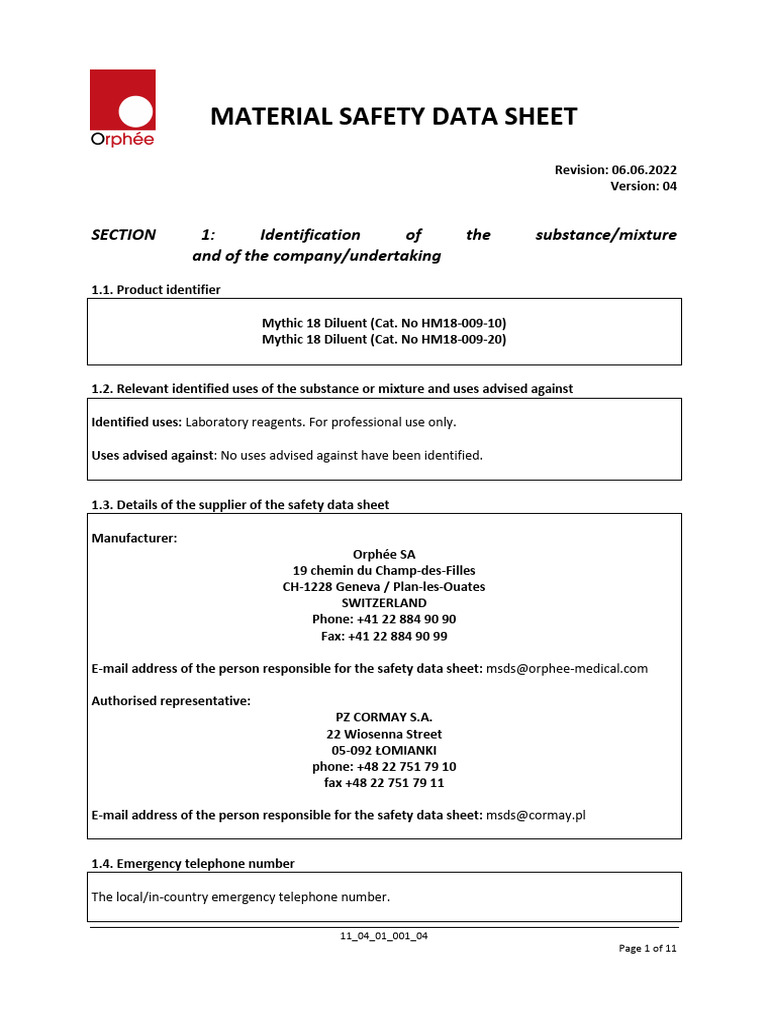 11 04 01 001 04 MSDS MYTHIC 18 DILUENT en | PDF | Safety | Occupational ...