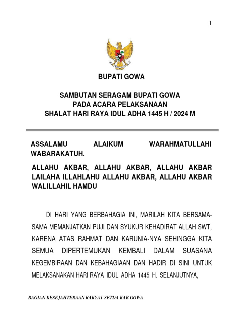 Sambutan Shalat Idul Adha Seragam Bupati 2024 1445 H | PDF | Ilmu ...