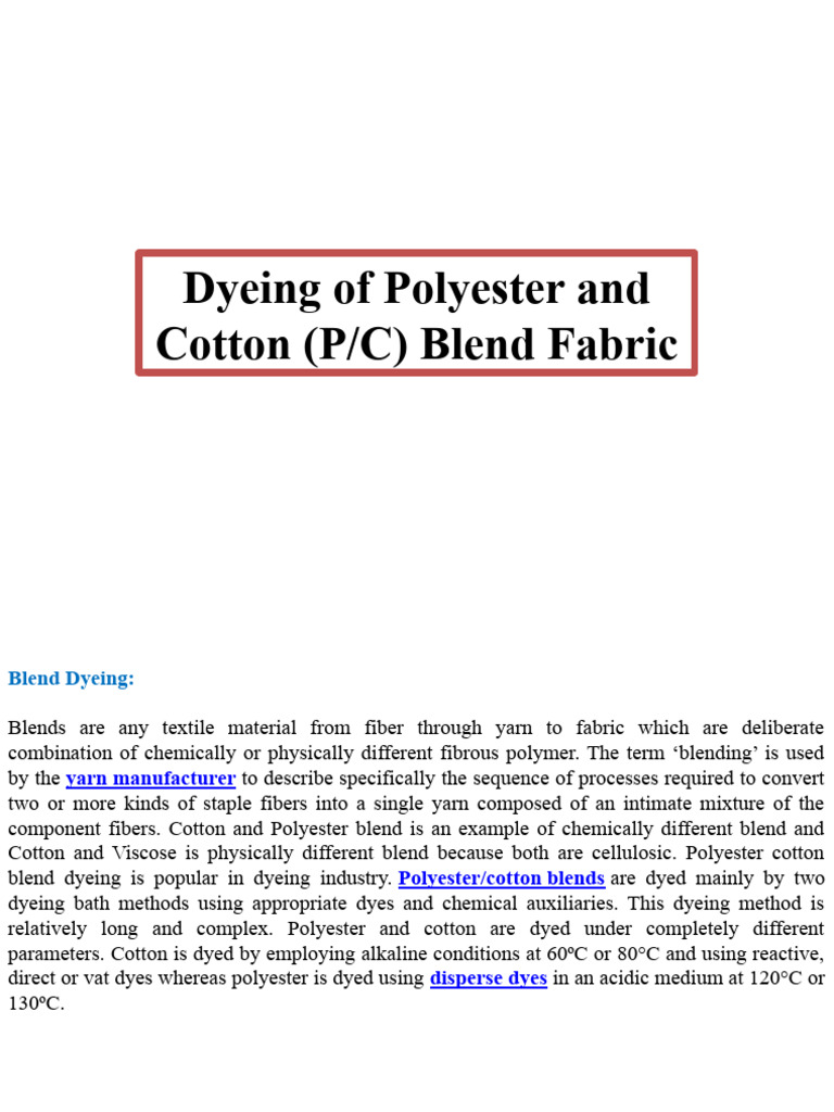 Dyeing of Polyester and Cotton (P/C) Blend Fabric | PDF | Dyeing | Textiles