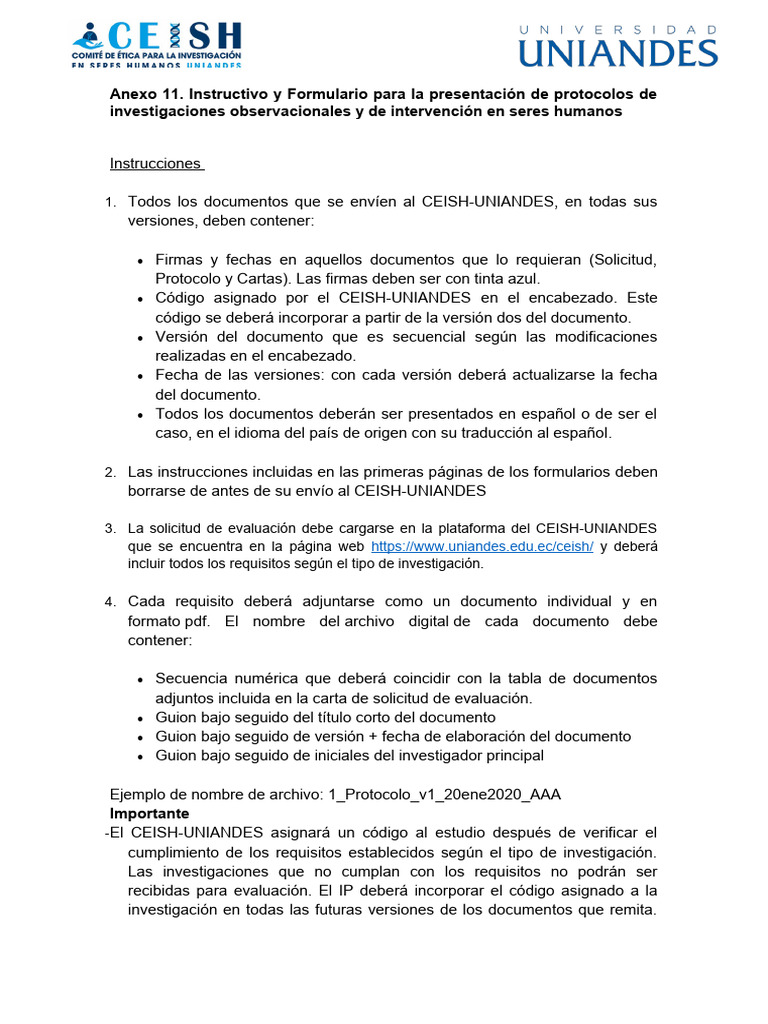 CEISH A11. Instructivo y Formulario para La Presentacion de Protocolos ...