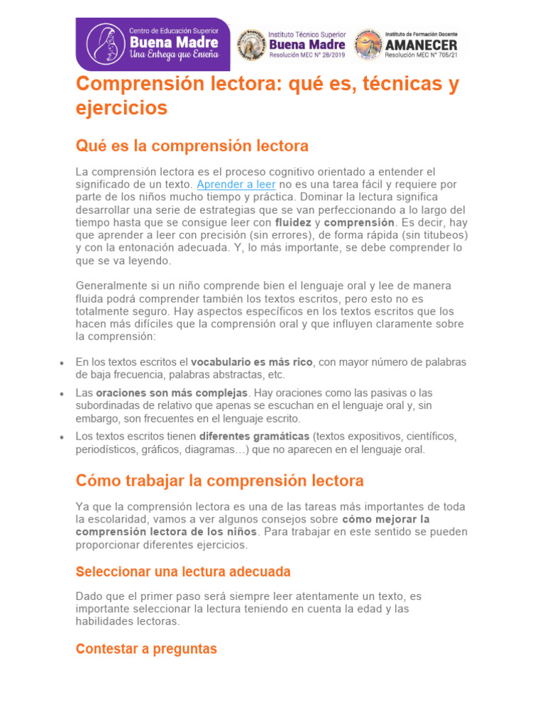 Ejercicios para Mejorar la Comprensión Lectora | PDF | Comprensión ...