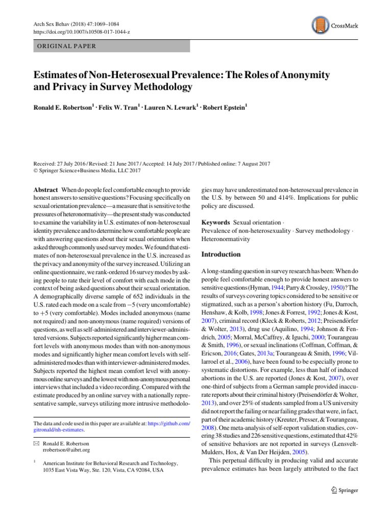 Estimates of Non-Heterosexual Prevalence: The Roles of Anonymity and ...