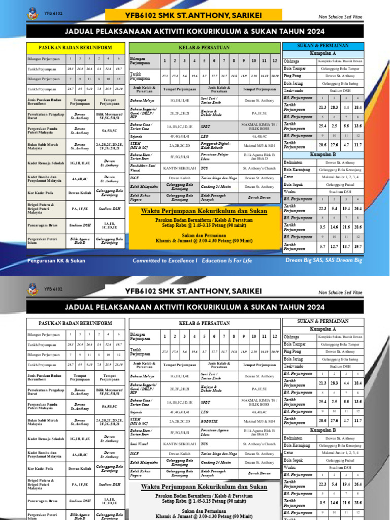 Jadual Pelaksanaan Kokurikulum 2024 SAS | PDF
