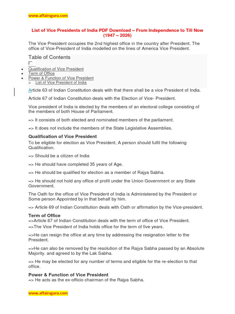 List of Vice Presidents of India (1947-2026) | PDF | Presidencies ...
