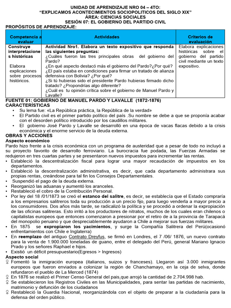 Hoja de Trabajo 07 - III UNIDAD-4TO - El Gobierno de Manuel Pardo y Lavalle | PDF | Política