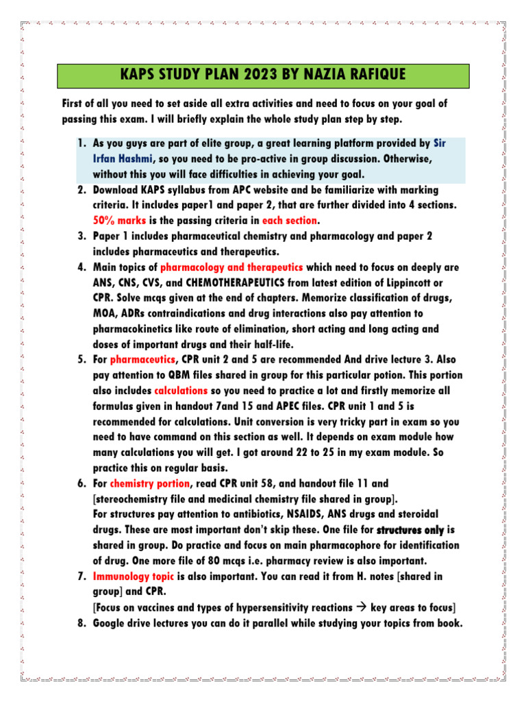 Kaps Study Plan 2023 by Nazia Rafique | PDF | Pharmacology | Medicine