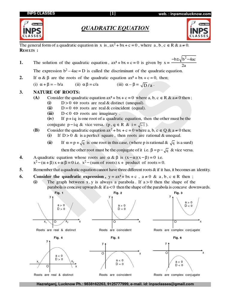 Quadratic Equation (Short Notes) | PDF | Quadratic Equation ...