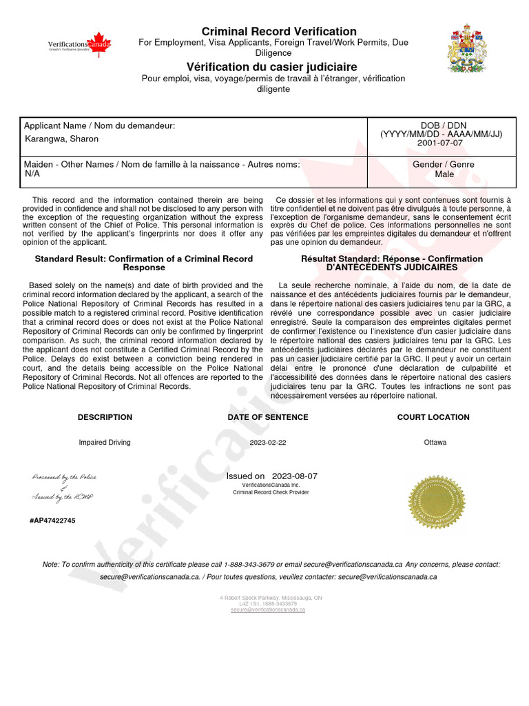 RCMP Standard Criminal Record Check - VLD - Certificate - 64d1623d78f1d | PDF | Criminal Record ...