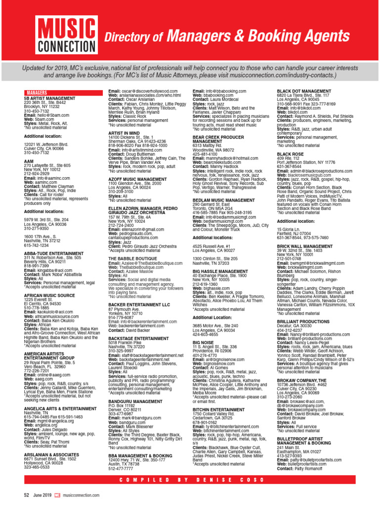Music Manager & Booking Agent Directory | PDF | Rock Music | American ...
