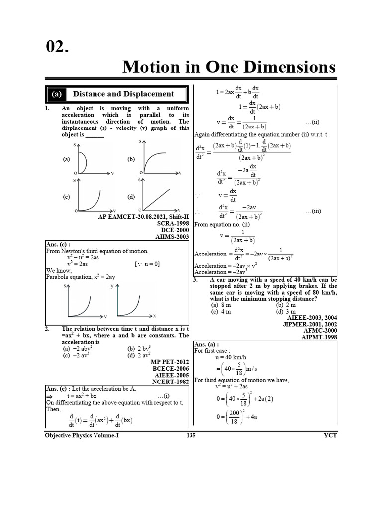 YCT Motion in One Dimensions NEET JEE Practice Questions | PDF | Acceleration | Velocity