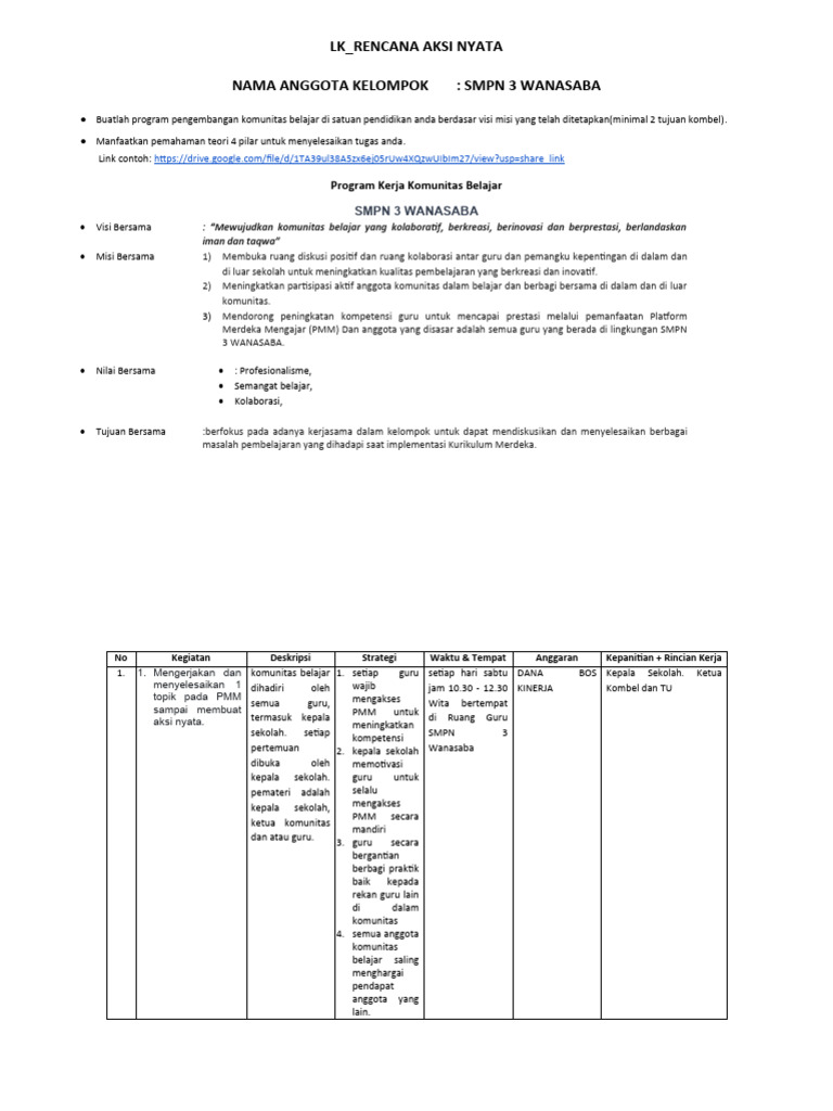 Rencana Aksi Komunitas Belajar SMPN 3 | PDF
