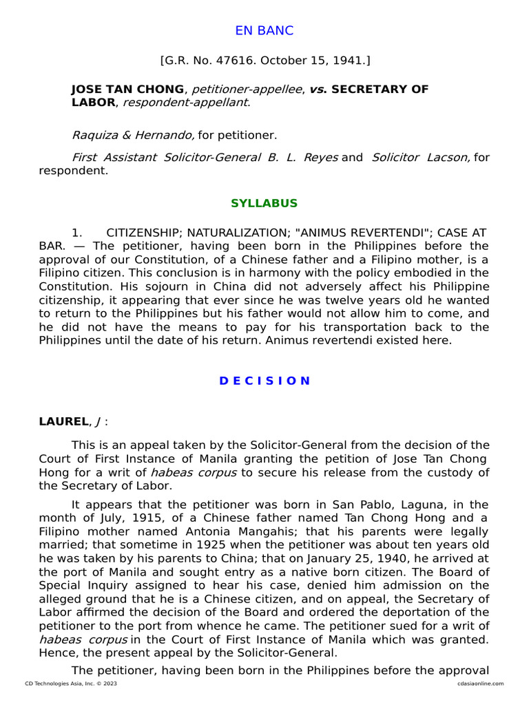 Jose Tan Chong Citizenship Case Summary | PDF | Philippines | Solicitor