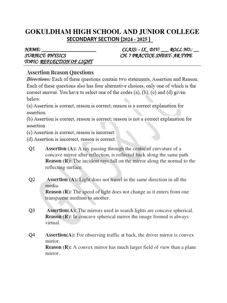 AR- GR 9 PHYSICS CH7 REFLECTION OF LIGHT A R TYPE | Download Free PDF | Mirror | Reflection ...
