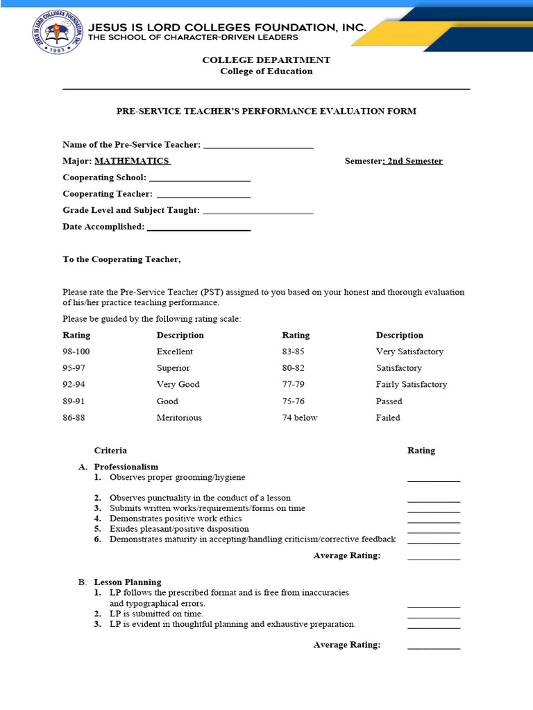 2023 Pre Service Teachers Performance Evaluation Form | PDF | Teachers | Classroom Management