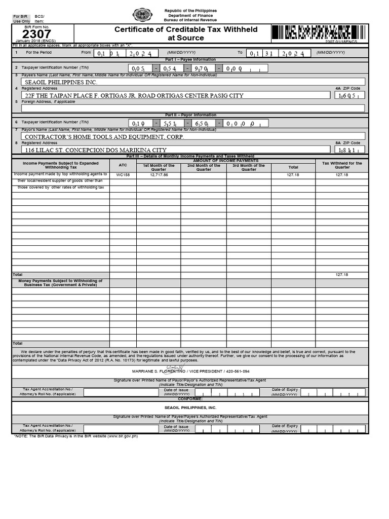 2307 Bir | PDF | Payments | Taxation