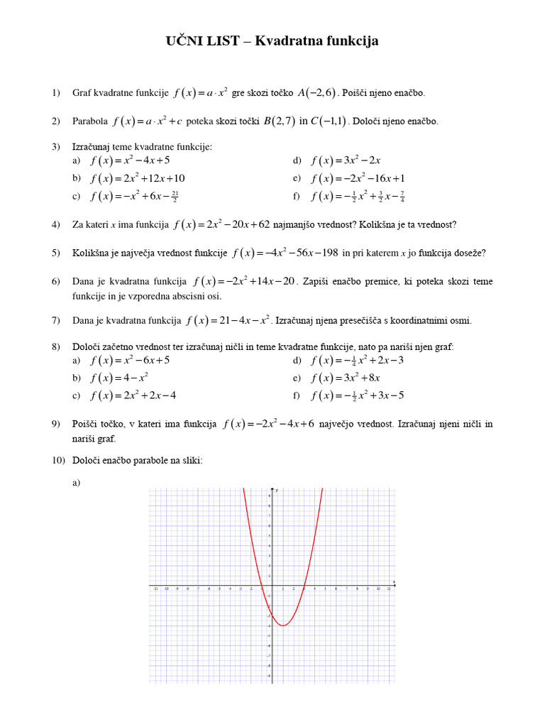 Učni List - Kvadratna Funkcija | PDF