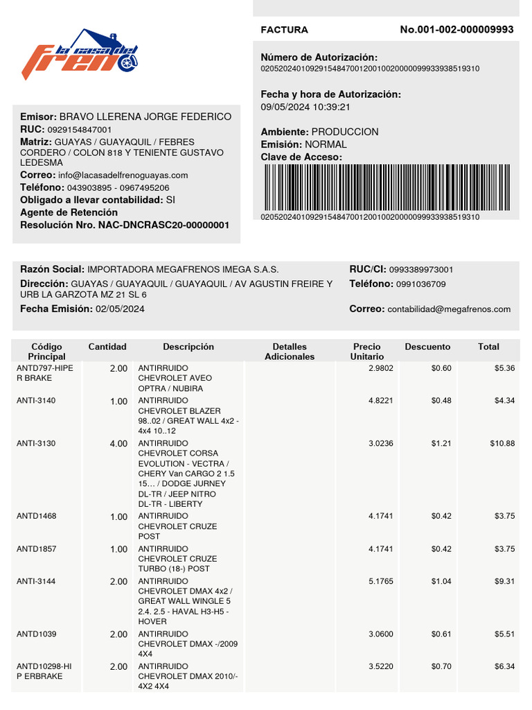 Fac 001-002-000009993 | PDF | Vehículos | Vehículos con tracción delantera