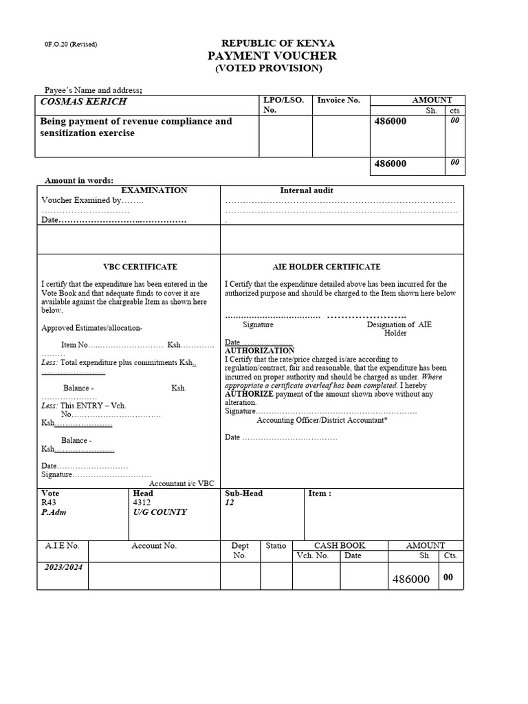 Payment Voucher for Ksh 486,000 Kenya | PDF | Payments | Business