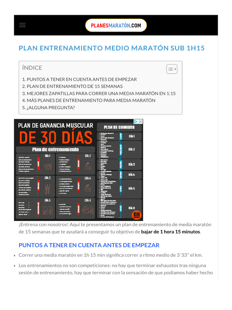 Plan Entrenamiento Medio Maratón Sub 1H15 - Planes Maratón | PDF | Road ...